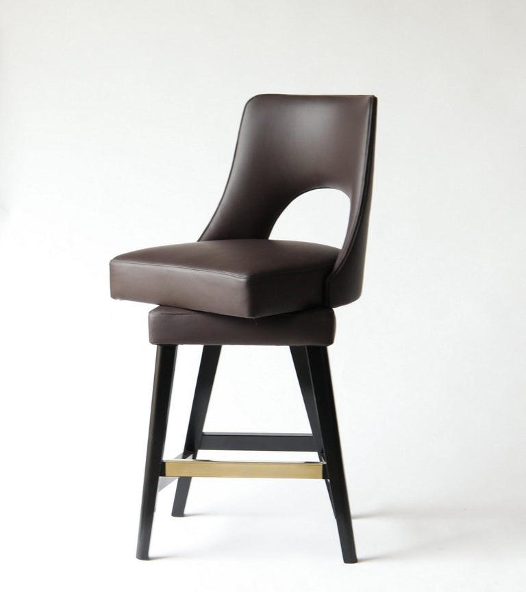 Brennan Swivel Stool Ebonized Italian Full Fiore Leather, Natural Brass ...