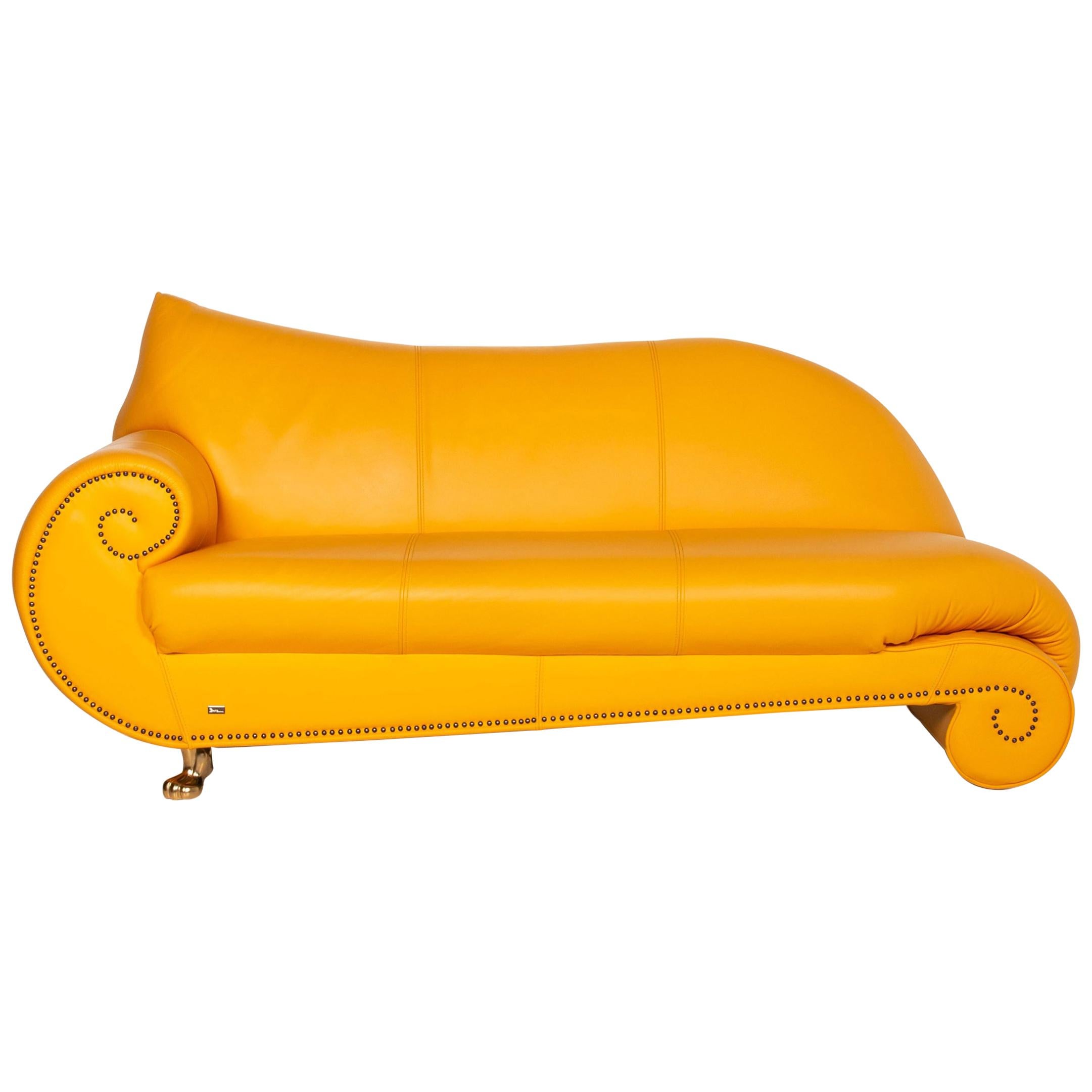 Bretz Gaudi Leather Sofa Yellow Three-Seat Couch Gold-Plated at 1stDibs
