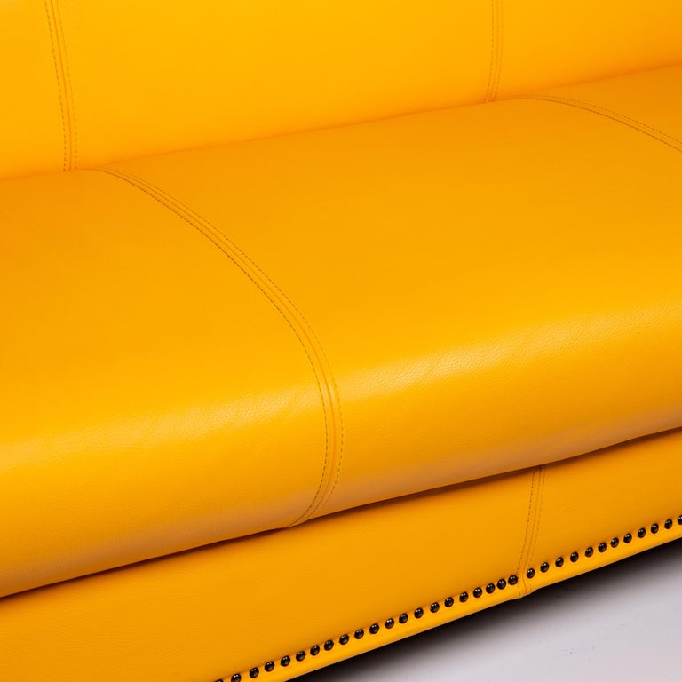 Bretz Gaudi Leather Sofa Yellow Three-Seat Couch Gold-Plated at 1stDibs
