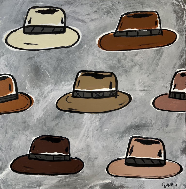 Brian Nash - Hats on Gray, Painting, Acrylic on Canvas For Sale at 1stDibs