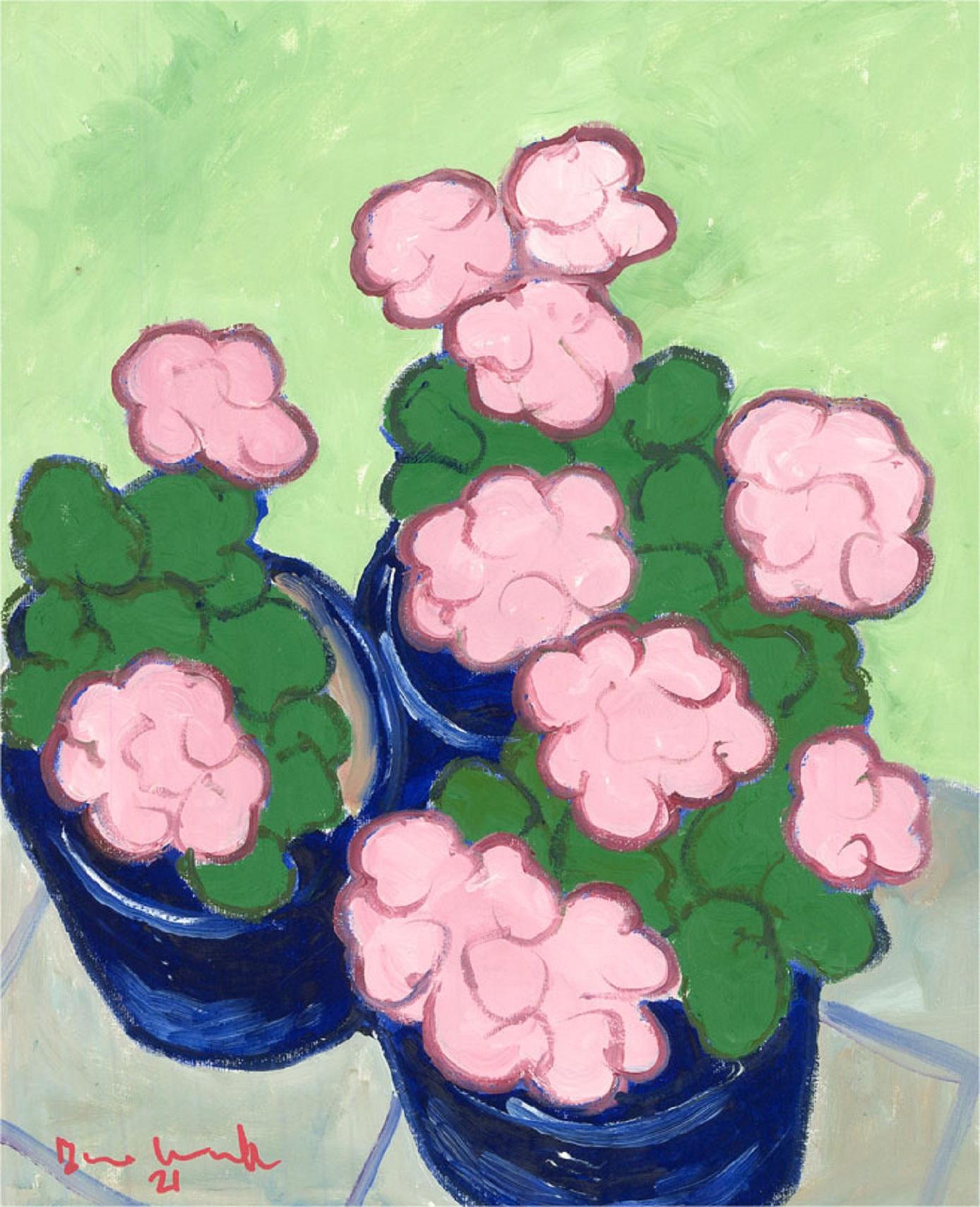 Brian William - Brian William - 2021 Oil, Pink Geraniums in Blue Pots ...
