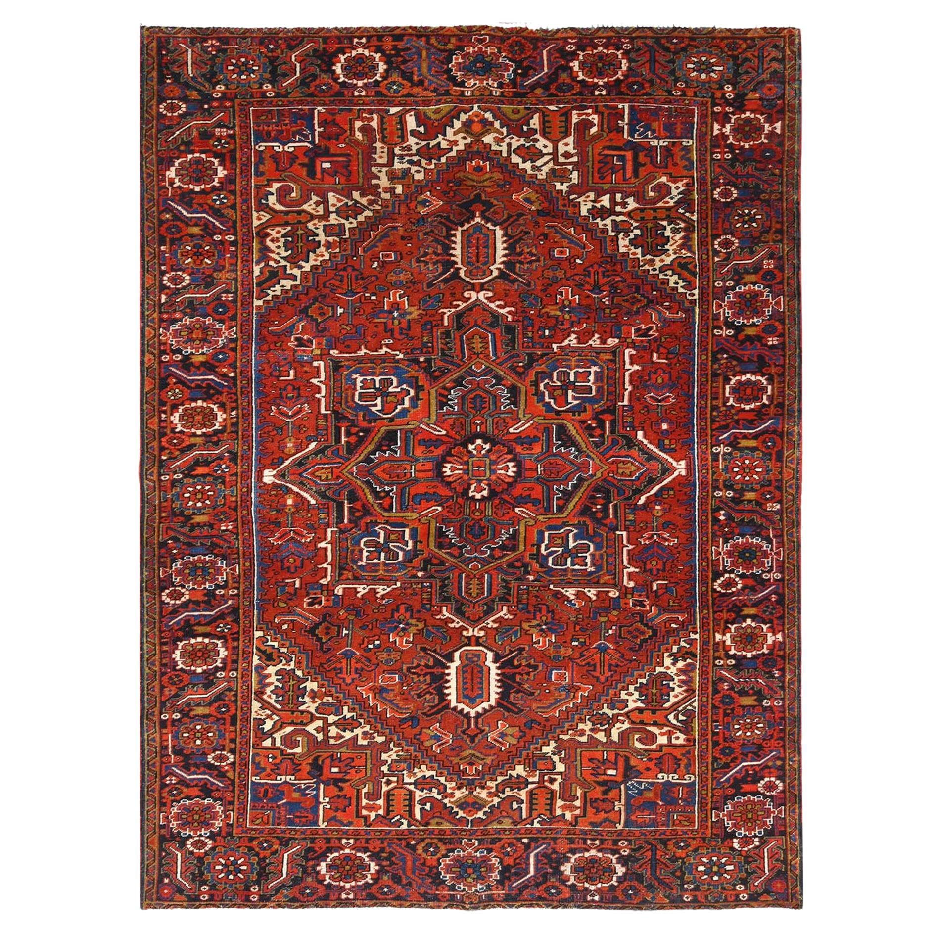 Red Hand Knotted Cleaned Vintage Persian Heriz Worn Down with Rustic ...