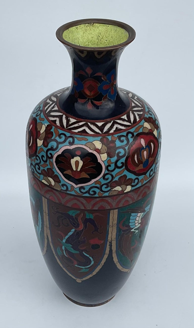 Bright and Colorful Chinese multi color Cloisonné vase with panels of ...