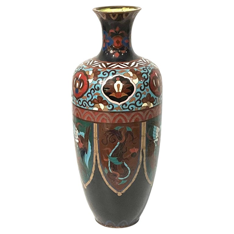 Bright and Colorful Chinese multi color Cloisonné vase with panels of ...