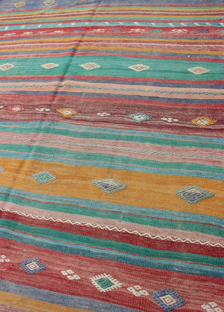 Bright and Colorful Flat-Weave Turkish Kilim Rug with Geometric Stripe ...