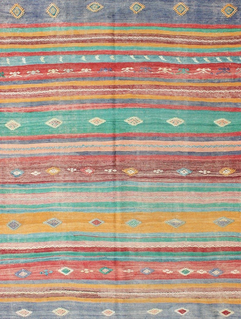 Bright and Colorful Flat-Weave Turkish Kilim Rug with Geometric Stripe ...