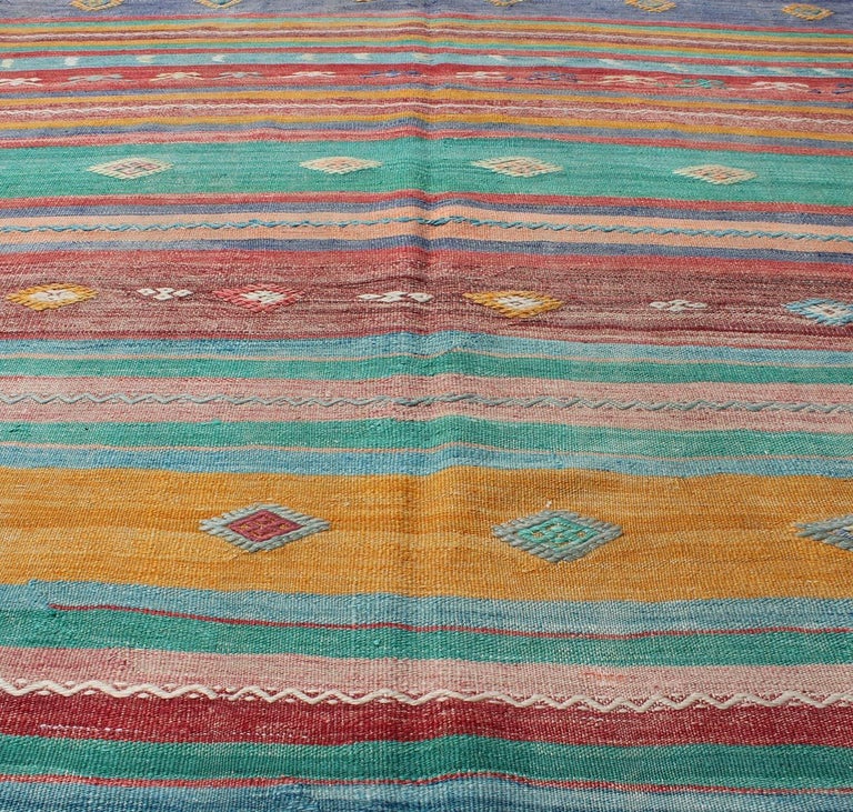 Bright and Colorful Flat-Weave Turkish Kilim Rug with Geometric Stripe ...