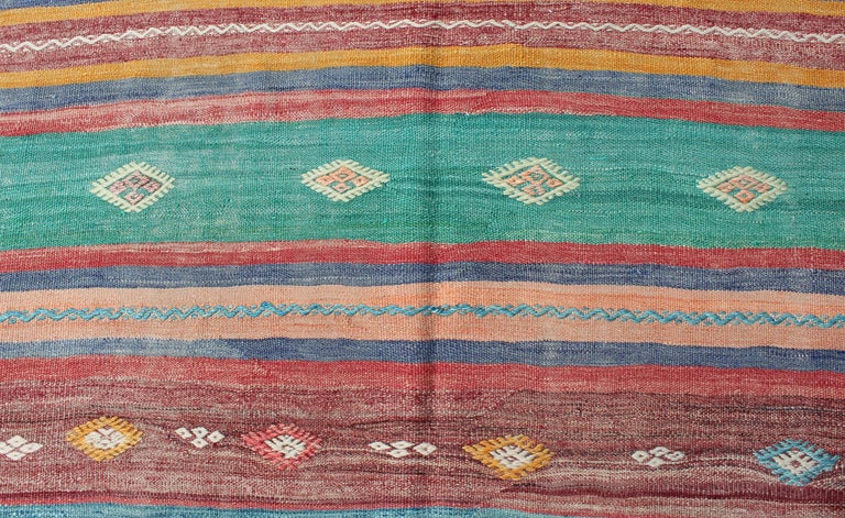 Bright and Colorful Flat-Weave Turkish Kilim Rug with Geometric Stripe ...