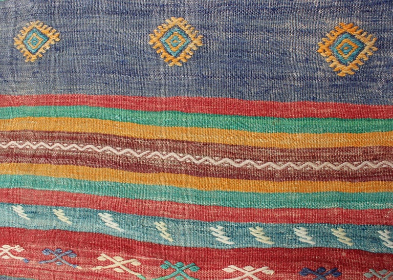 Bright and Colorful Flat-Weave Turkish Kilim Rug with Geometric Stripe ...