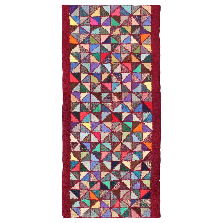 Bright and Multi Colors Vintage American Hooked Rug with Checkerboard ...