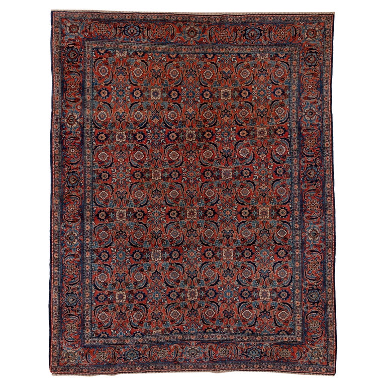 Bright Antique Persian Tabriz Carpet, All-Over Field, Red and Blue ...