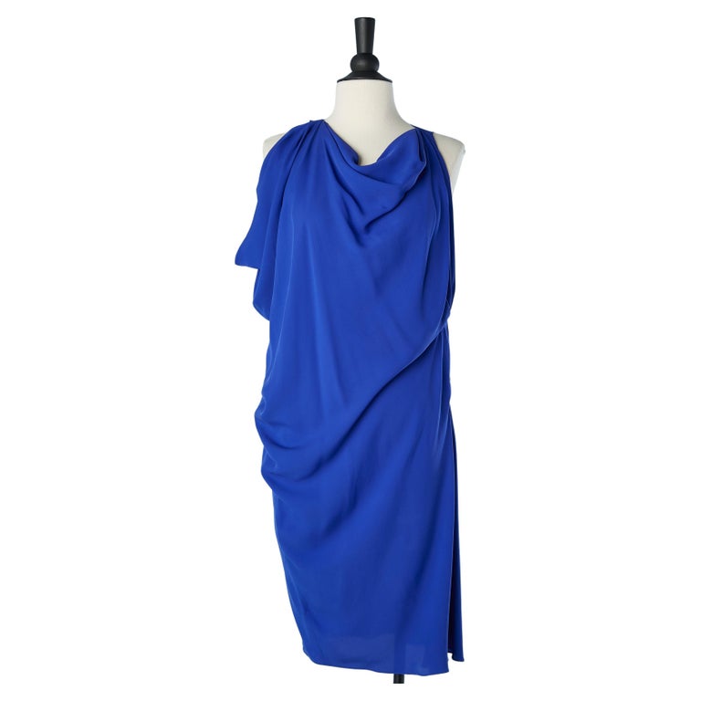 Bright blue asymmetrical and drape silk cocktail dress Lanvin by Alber ...