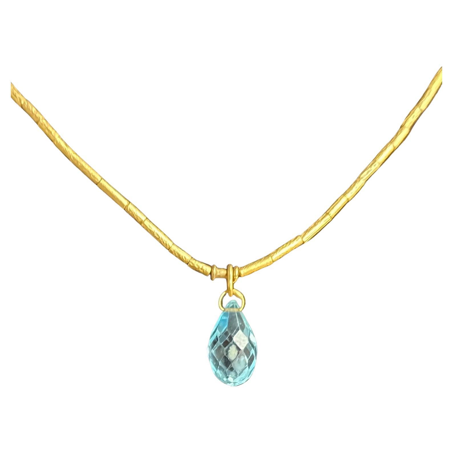 Bright Blue Topaz Gurhan Pendant Necklace On 24k Gold Chain For Sale at ...
