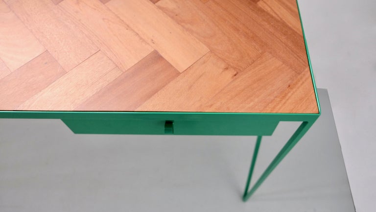 Green Study Desk with Drawer and Reclaimed Parquet Wood Table Top For ...