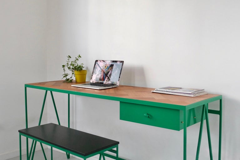 Green Study Desk with Drawer and Reclaimed Parquet Wood Table Top For ...