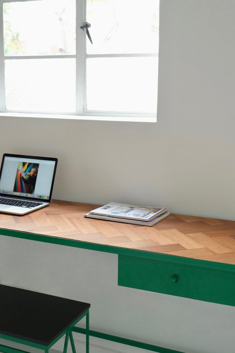 Green Study Desk with Drawer and Reclaimed Parquet Wood Table Top For ...