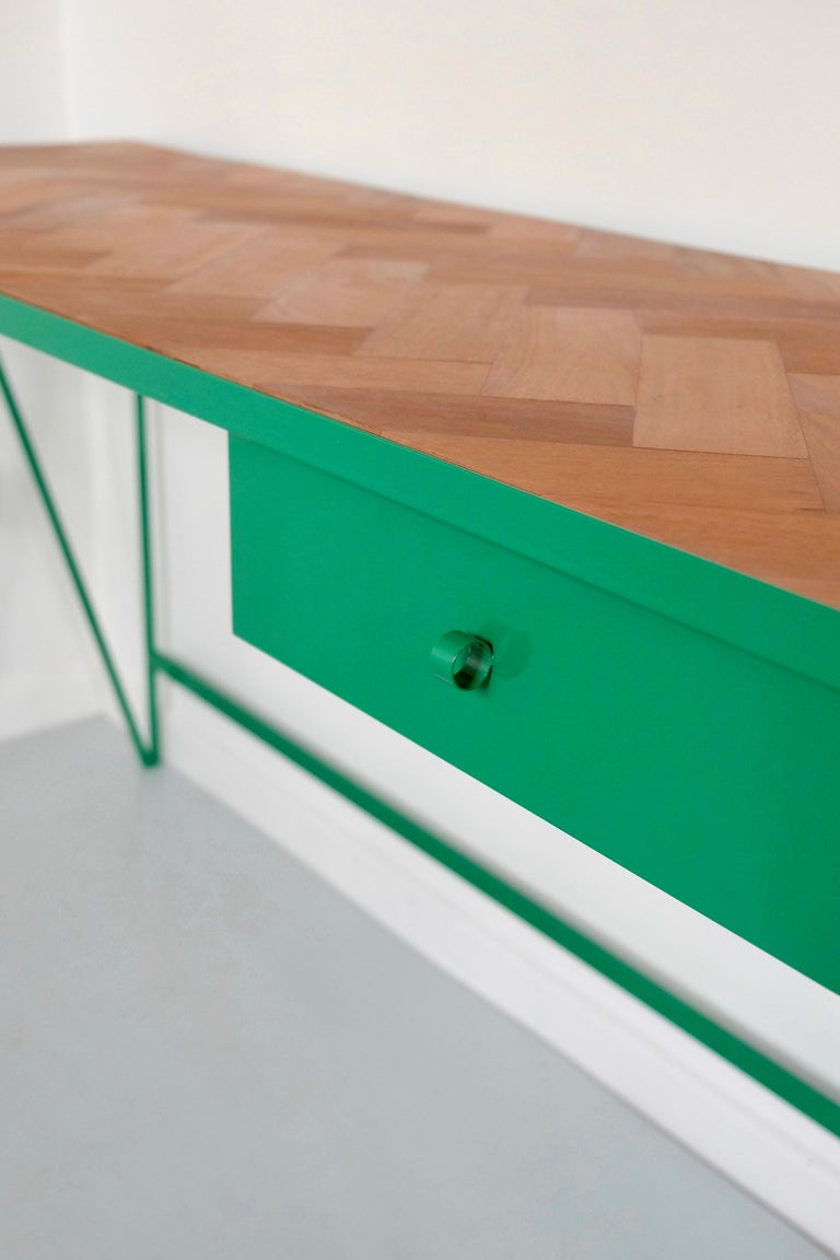 Green Study Desk with Drawer and Reclaimed Parquet Wood Table Top For ...