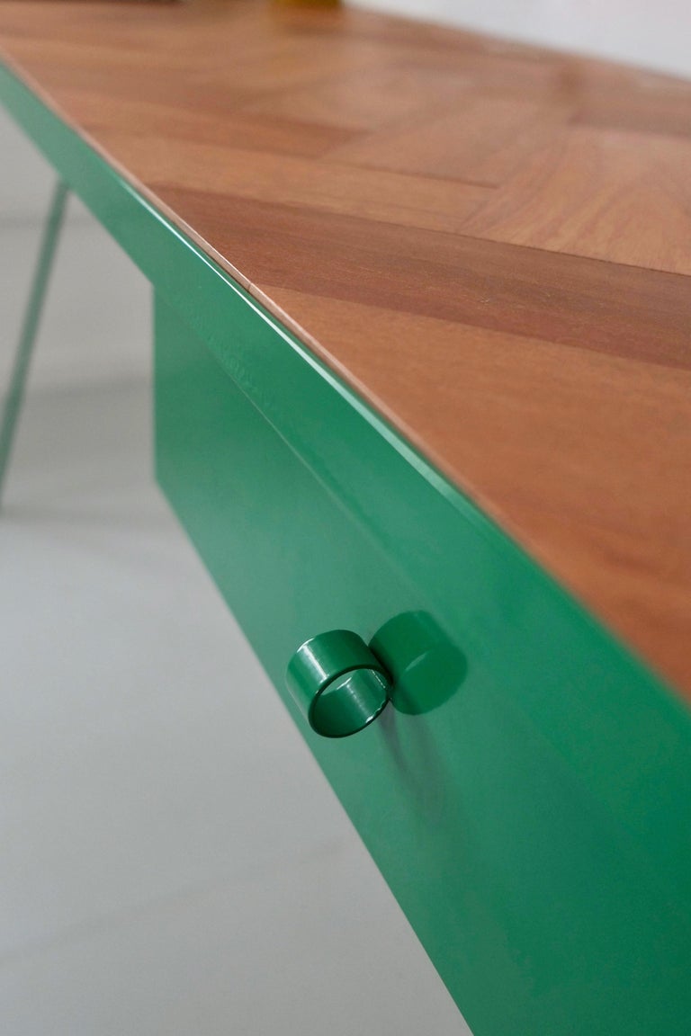 Green Study Desk with Drawer and Reclaimed Parquet Wood Table Top For ...