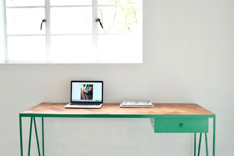 Green Study Desk with Drawer and Reclaimed Parquet Wood Table Top For ...