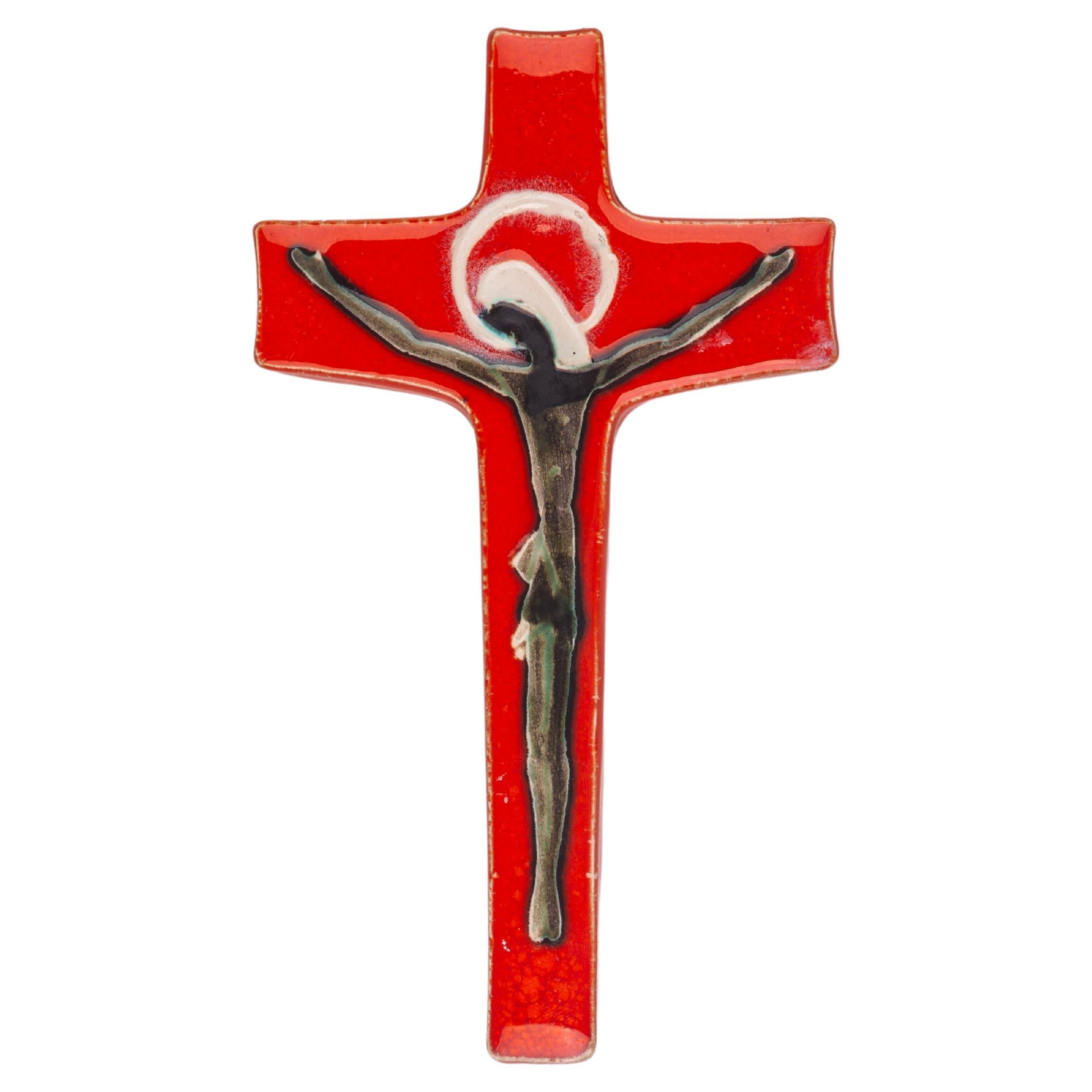 Midcentury European Brown and Green Ceramic Cross Otherworldly Christ ...