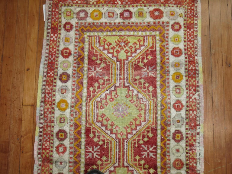 Bright Red Green Vintage Turkish Anatolian Throw Rug For Sale at 1stDibs