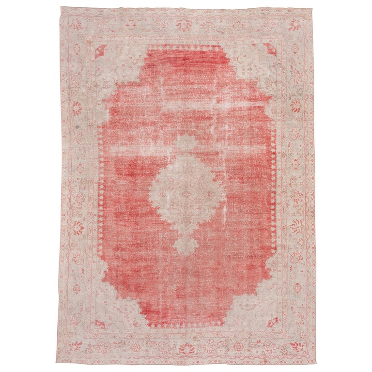 Bright Red Turkish Oushak Carpet, Ivory and Light Blue Borders, Lightly ...