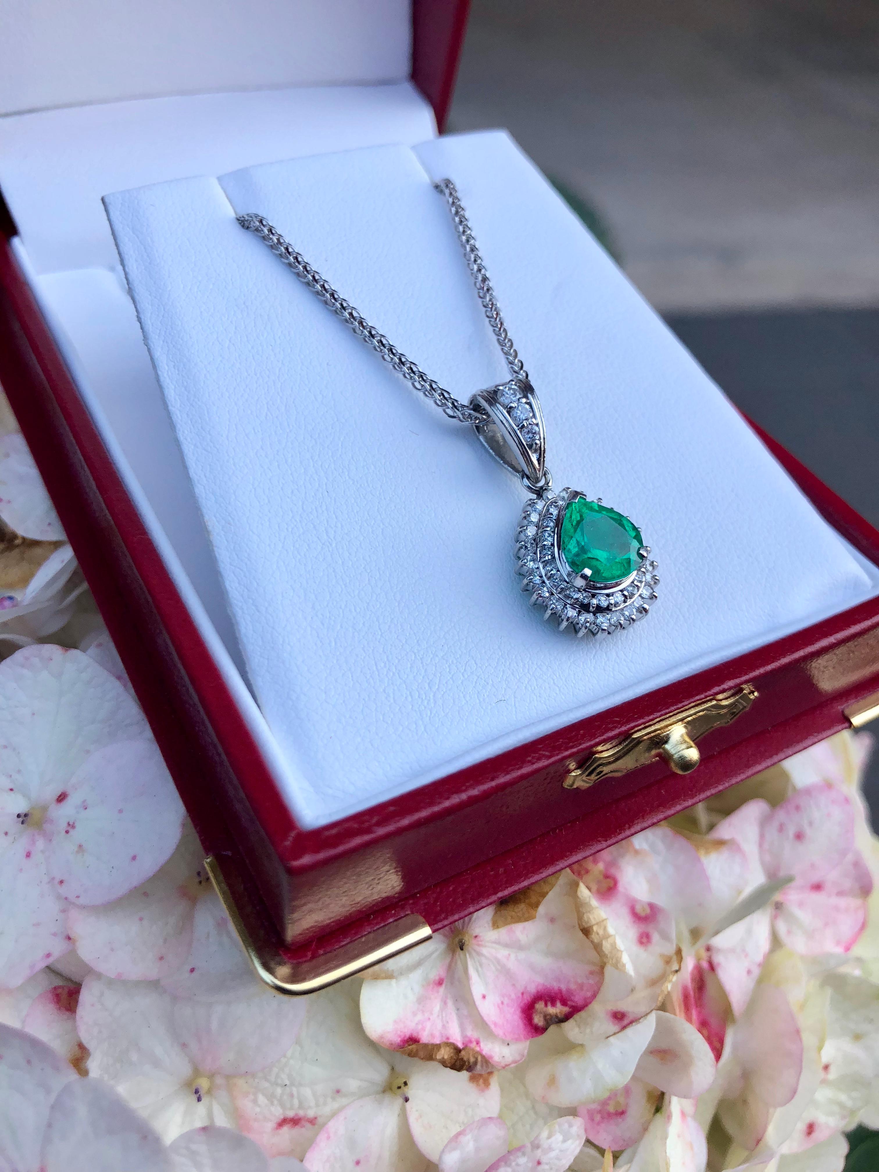 Beautiful 2 Carat Intense Green Emerald and Diamond Platinum Pendant on ...