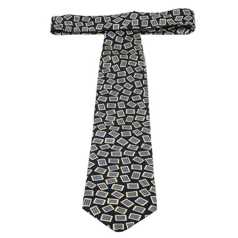 Brioni Vintage Navy Blue and Yellow Printed Silk Traditional Tie For ...