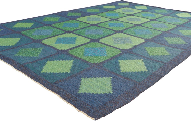 Brita Svefors Vintage Swedish Kilim Rollakan Rug, Blå Grön Diamant ...