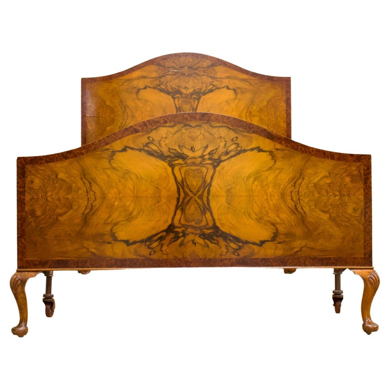 British Art Deco Burr Walnut Double Bed Frame, 1930s For Sale at 1stDibs