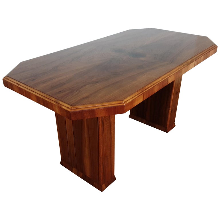 British Art Deco Walnut Dining Table Brown Wood Pedestal Column ...