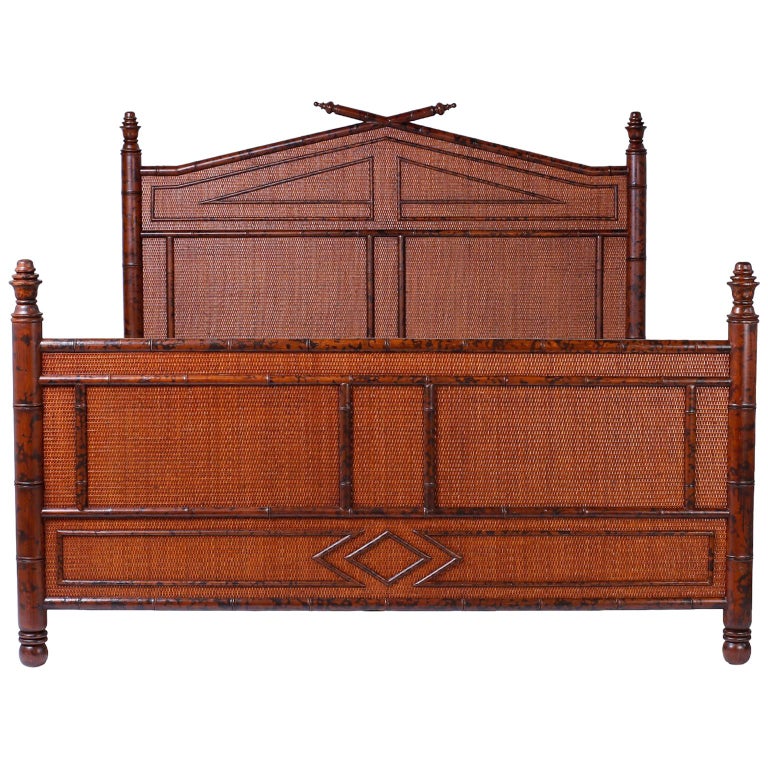 British Colonial Faux Burnt Bamboo and Grasscloth Queen Size Bed at 1stDibs