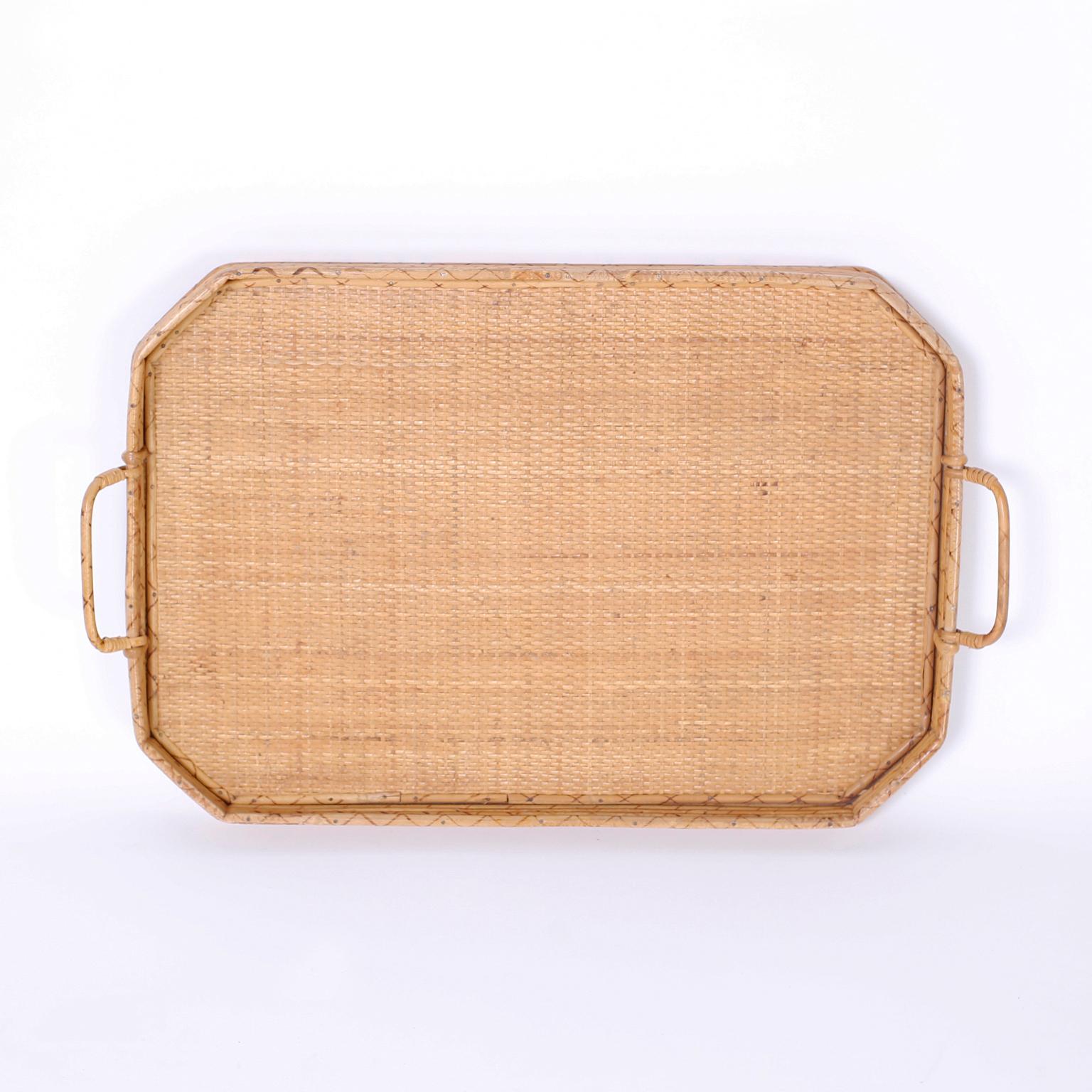 British Colonial Rattan and Grass Cloth Serving Tray at 1stDibs