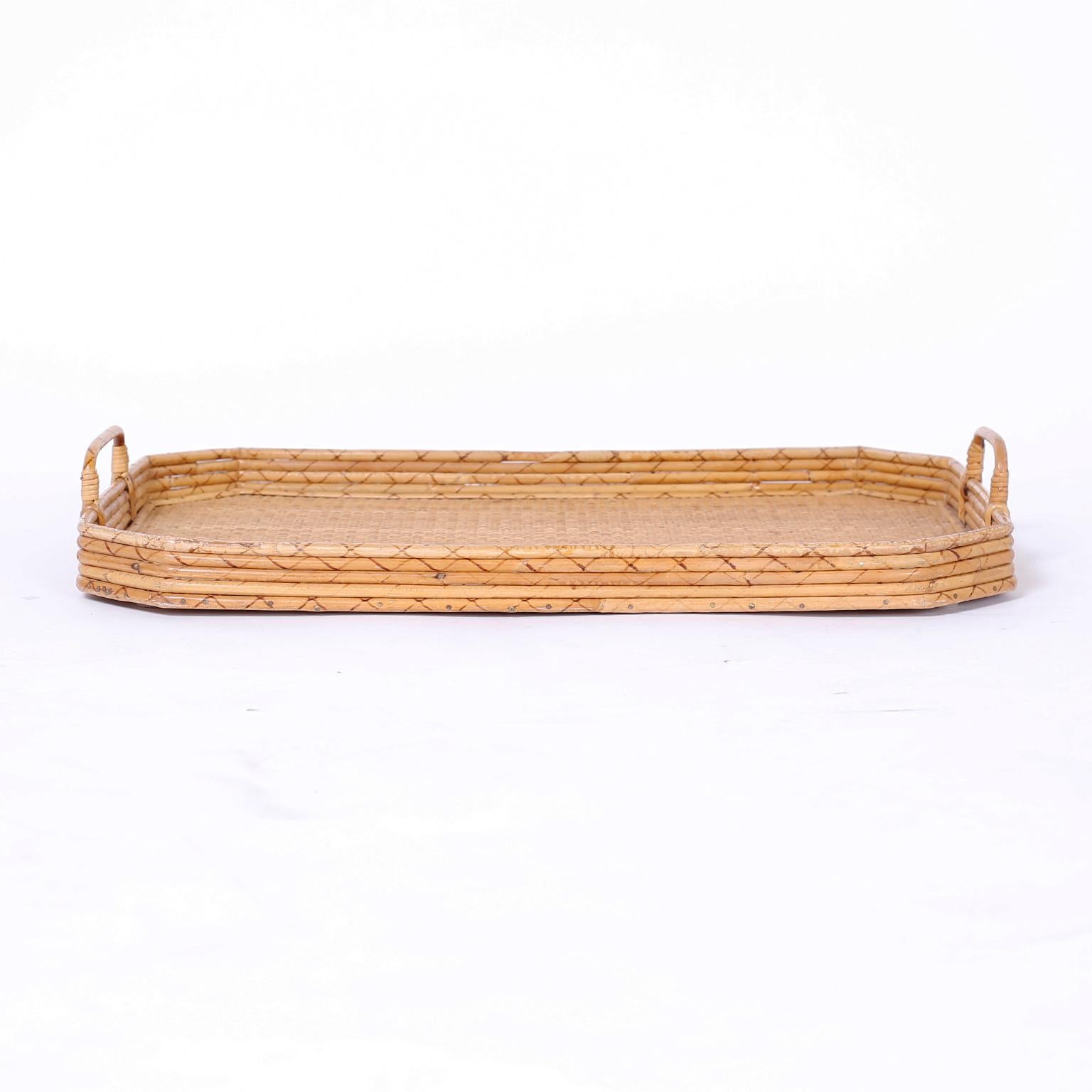 British Colonial Rattan and Grass Cloth Serving Tray at 1stDibs