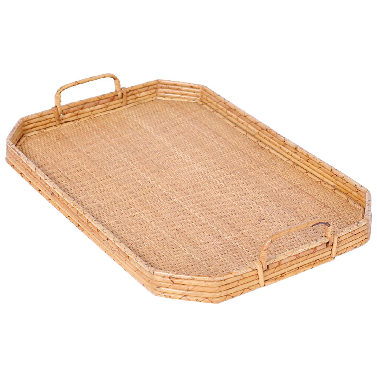 British Colonial Rattan and Grass Cloth Serving Tray at 1stDibs