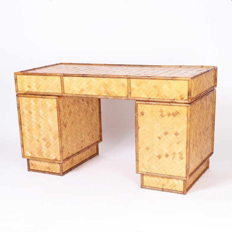 British Colonial Style Faux Bamboo and Reed Desk For Sale at 1stDibs