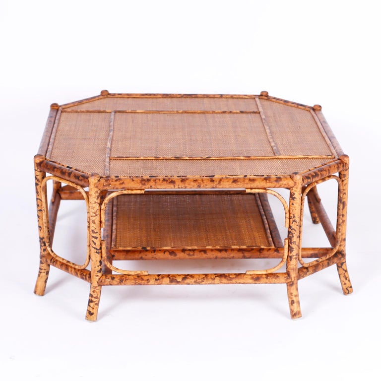 British Colonial Style Faux Burnt Bamboo and Grasscloth Coffee Table at ...