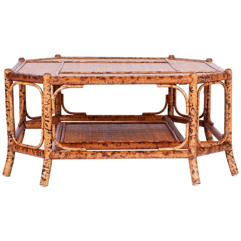 British Colonial Style Faux Burnt Bamboo and Grasscloth Coffee Table at ...