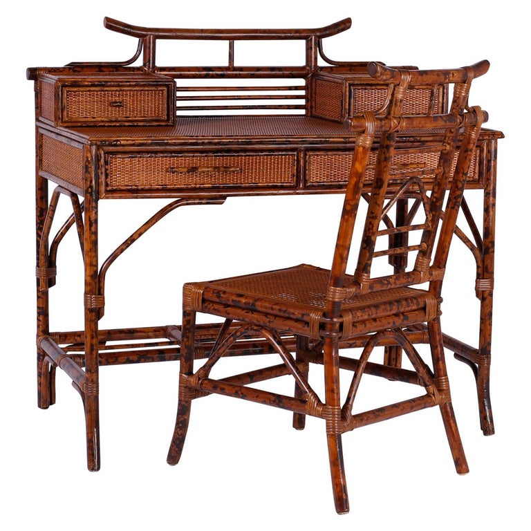 British Colonial Style Faux Tortoise and Grass Cloth Desk and Chair at ...