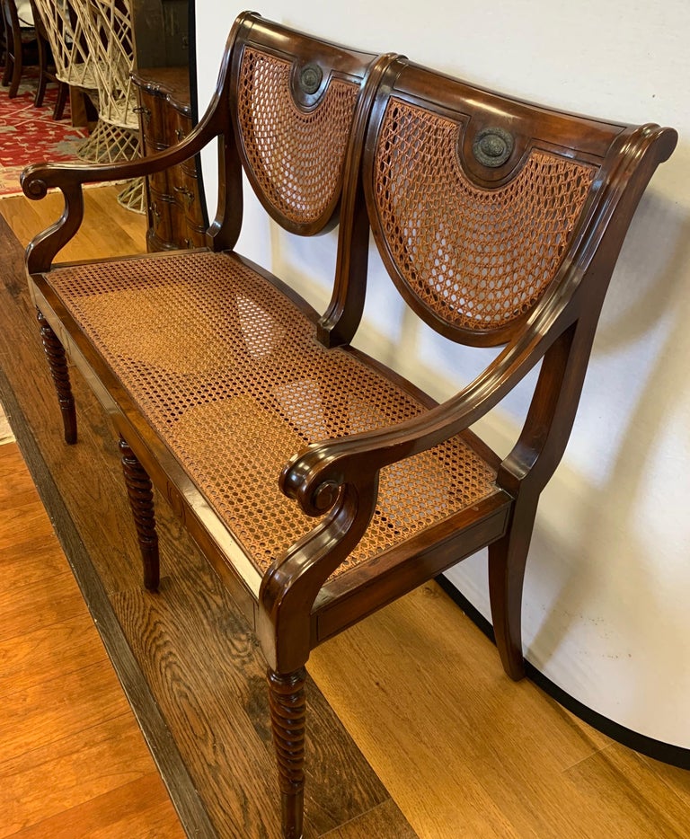 Regency Style Mahogany Cane Bench Settee with Custom Seat Cushion at ...