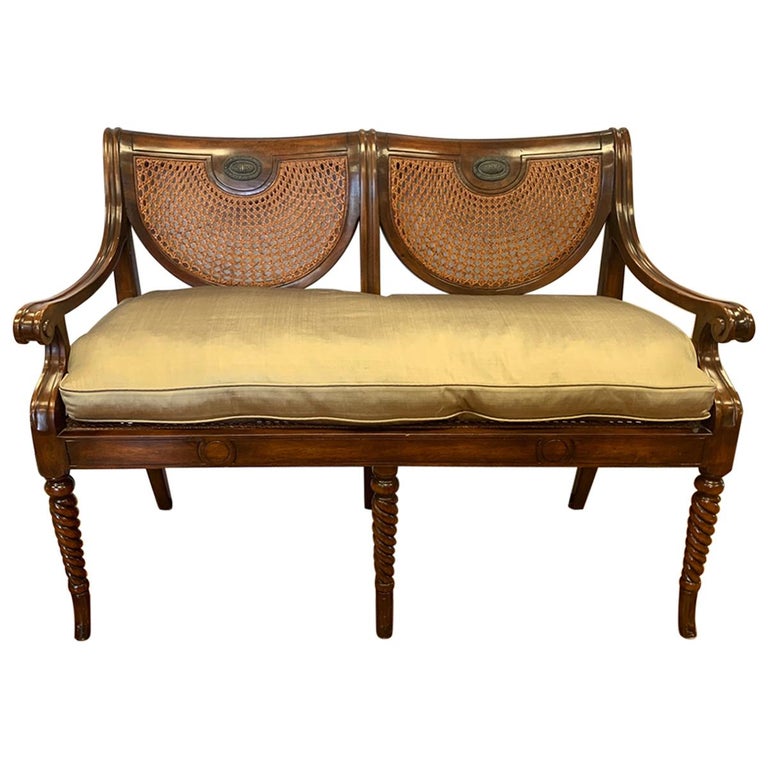 Regency Style Mahogany Cane Bench Settee with Custom Seat Cushion at ...