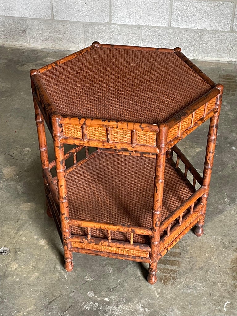British Colonial Style Tiered Hexagon Table in Faux Bamboo and Cane For ...