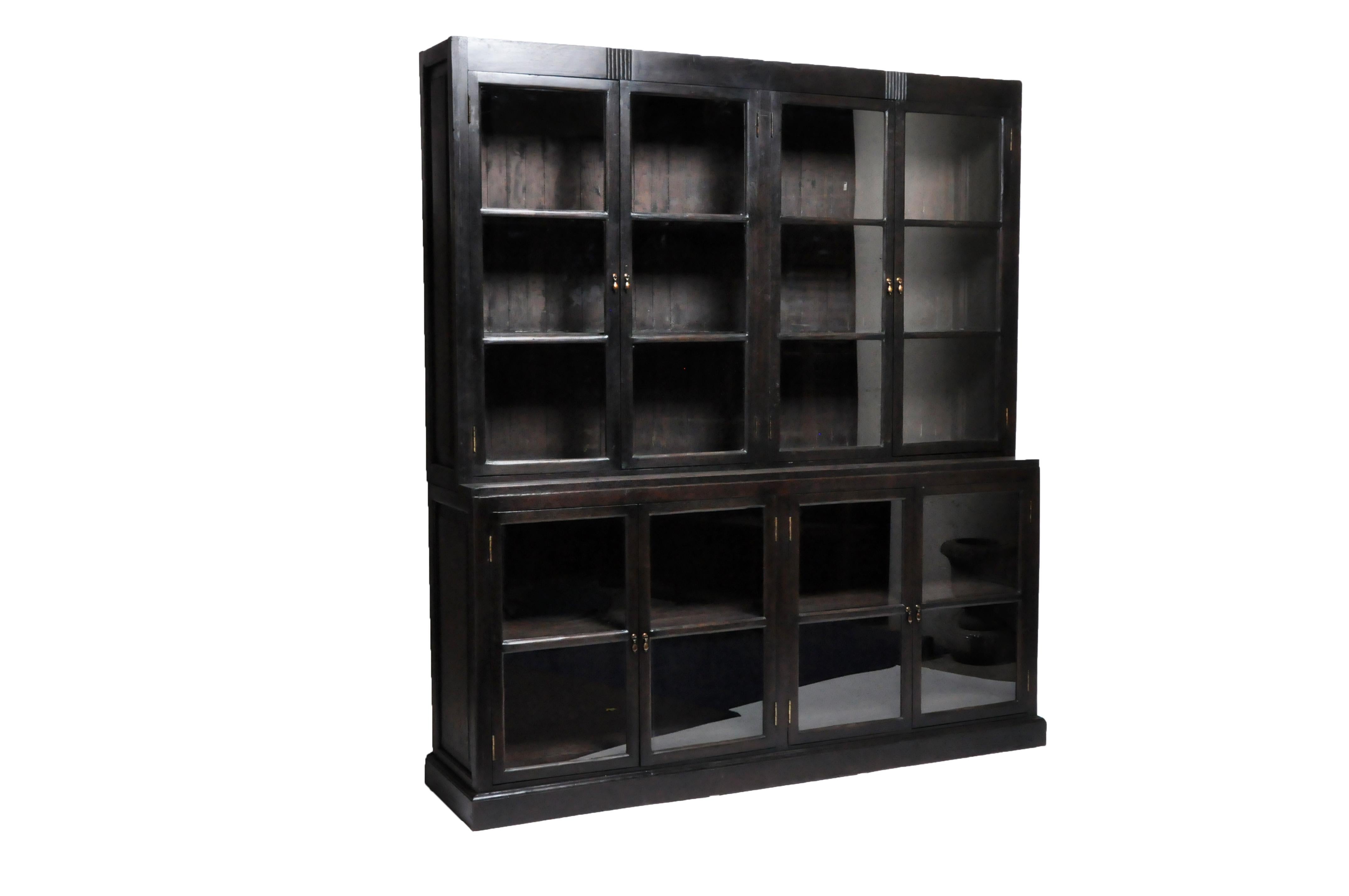 British Colonial Teak Wood Breakfront Bookcase at 1stDibs
