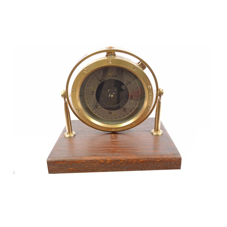 British Compass of the 1940s Brass and Bronze on a Wooden Base at 1stDibs
