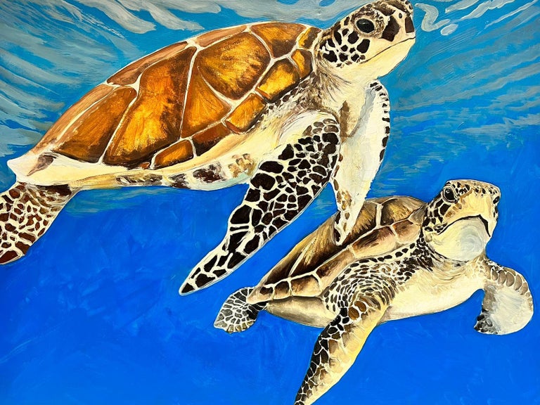 British contemporary - Sea Turtles Swimming in Blue Sea Large ...