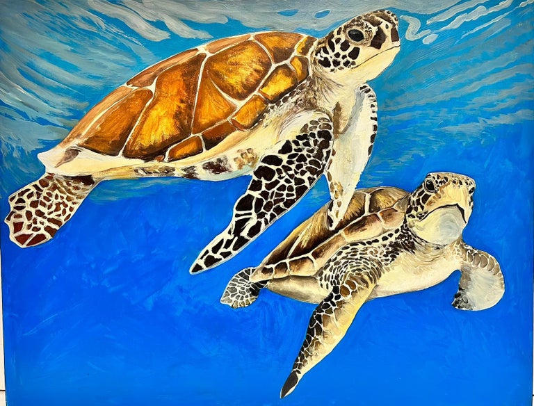 British contemporary - Sea Turtles Swimming in Blue Sea Large ...