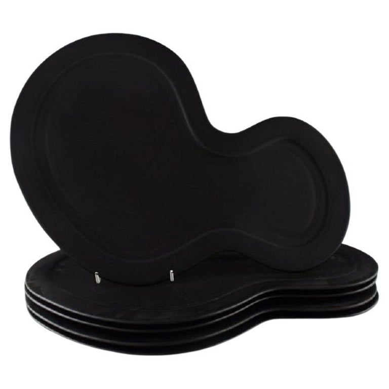 British Design, Five Large Freeform Plates in Black Glazed Porcelain ...