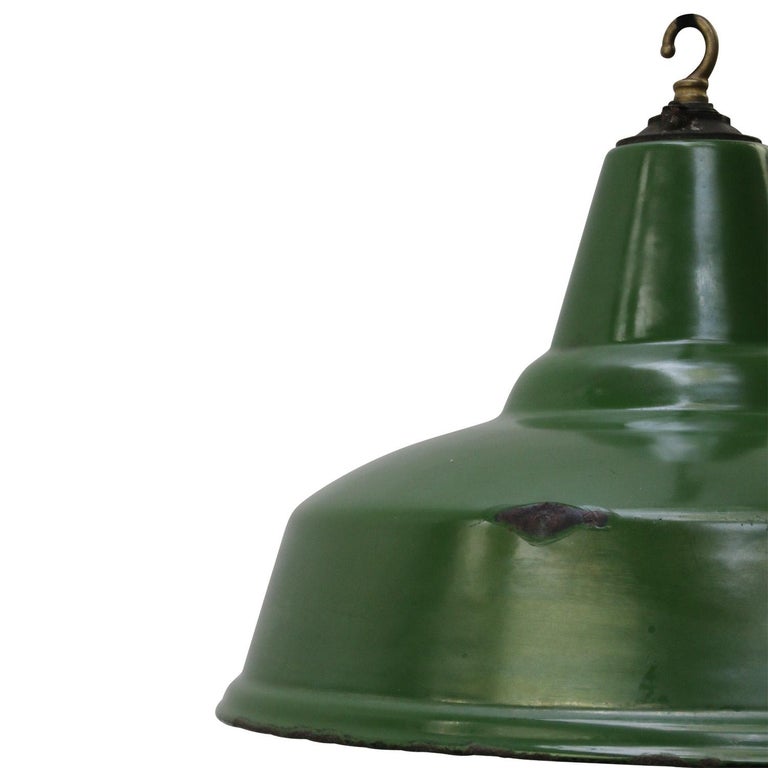 British Green Enamel Vintage Industrial Pendant Lights For Sale at 1stDibs