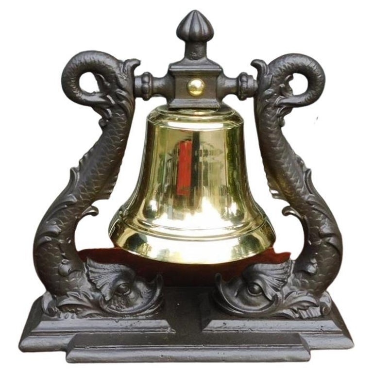 British Royal Navy Admiral Brass Ship Bell on Dolphin Cast Iron Yoke, c ...