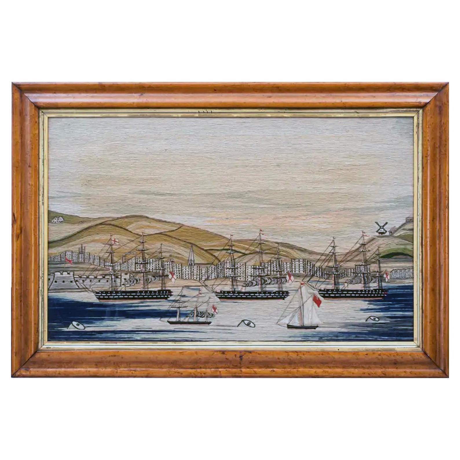 British Sailor's Woolwork Pair of Pictures or Woolies with Ship and Flags For Sale at 1stDibs